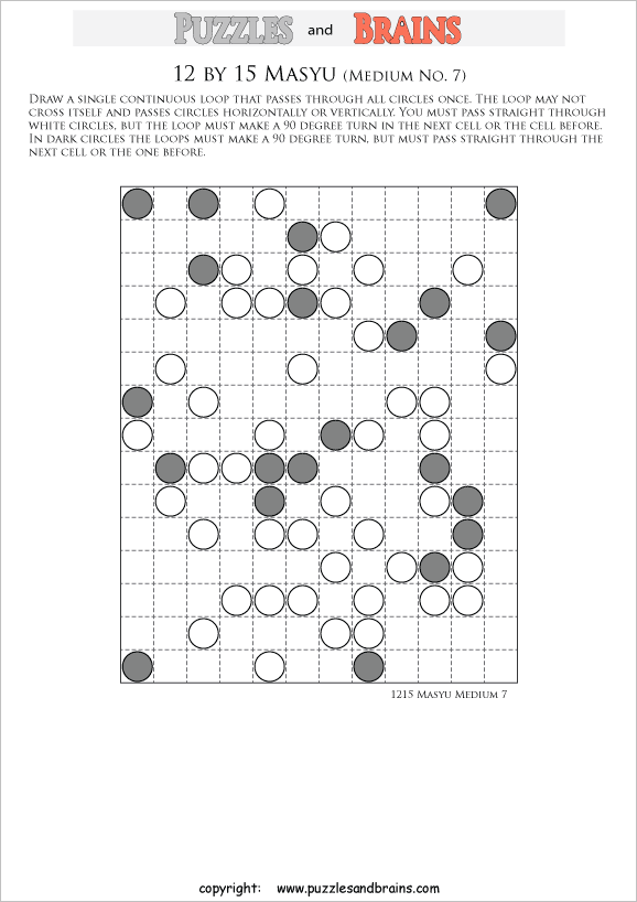 Printable Medium Level 12 By 15 Masyu Circle Japanese Logic Puzzles For